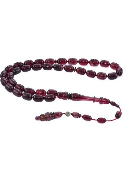 Tesbihediye Arpa Kesim Koyu Kırmızı Usta İşi Sıkma Kehribar Tesbih