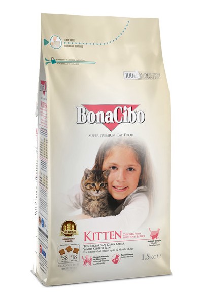 Bonacibo Kitten Tavuklu (Hamsi ve Pirinç Eşliğinde) Yavru Kedi Maması 1,5 kg Bonacibo Kitten Tavuklu (Hamsi ve Pirinç Eşliğinde) Yavru Kedi Maması 1,5 kg