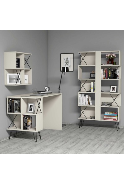 Variant Extra Duvar Raflı Çalışma Masası ve Kitaplık Takımı - Krem Variant Extra Duvar Raflı Çalışma Masası ve Kitaplık Takımı - Krem