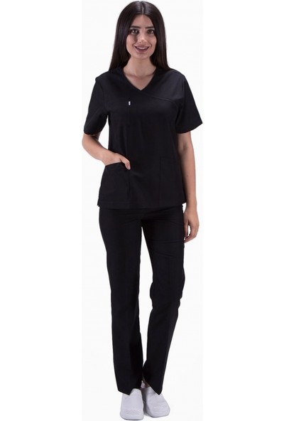 Bantlı V Yaka Takım Lacivert ve Siyah Renk Hemşire Forması Takım