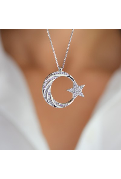 Mygümüş My101800 Burgu Taş İşlemeli Ay Yıldız Gümüş Kolye