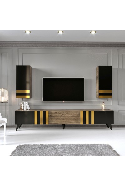 Modatte Mobilya Black Gold Tv Ünitesi Duvar Rafı Kitaplık