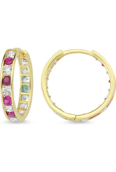 Trend Takı Kırmızı Taşlı Altın Halka Küpe