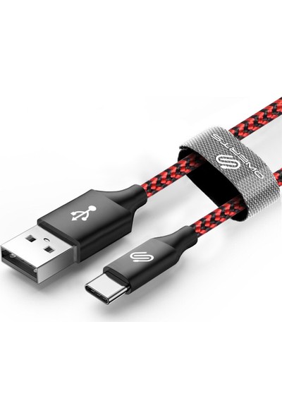 Qwerts USB Type-C Hızlı Şarj ve Data Kablosu Örgülü Kırmızı/siyah 1 mt