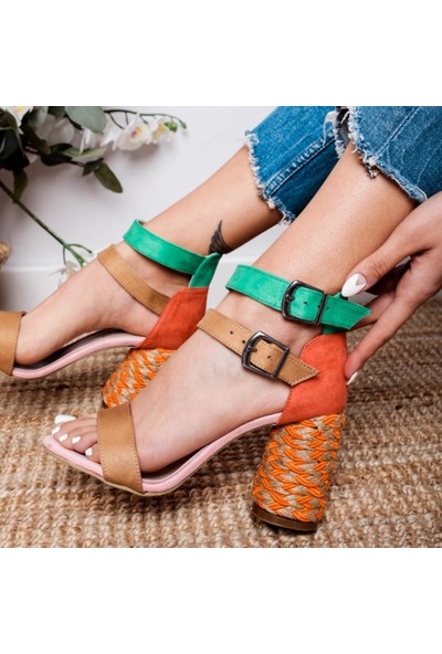 Limoya Galilea Kum Oranj Yeşil Çift Bantlı Gerçek Hasır Topuklu Sandalet Limoya Galilea Kum Oranj Yeşil Çift Bantlı Gerçek Hasır Topuklu Sandalet