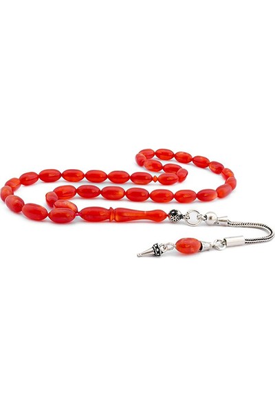 Yeshills Gümüş Püsküllü Kırmızı Sıkma Kehribar Tesbih