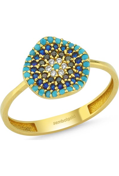 Sembolgold Firuzeli Sosyete Altın Yüzük Zigzag Montür 14K Gold