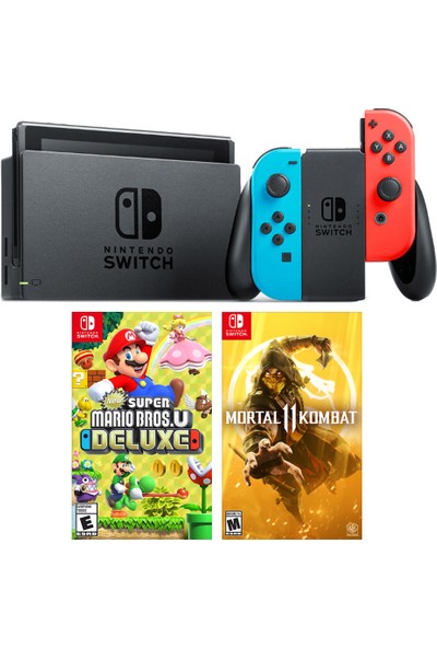 Nintendo Switch Renkli Mavi Kırmızı + Super Marıo Bros U Deluxe + Mortal Kombat 11 Nintendo Switch Renkli Mavi Kırmızı + Super Marıo Bros U Deluxe + Mortal Kombat 11