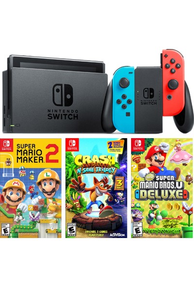 Nintendo Switch Renkli Mavi Kırmızı + Super Mario Maker 2 + Crash Bandıcoot + Super Marıo Bros U Deluxe Nintendo Switch Renkli Mavi Kırmızı + Super Mario Maker 2 + Crash Bandıcoot + Super Marıo Bros U Deluxe