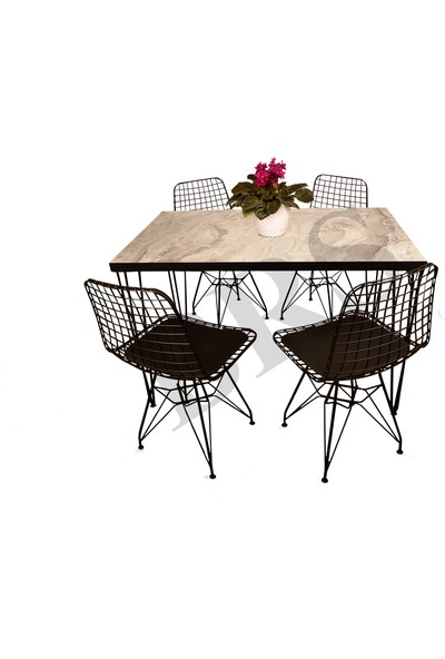 Brsconsept Rustik Beyaz Tel Ayaklı Masa Takımı