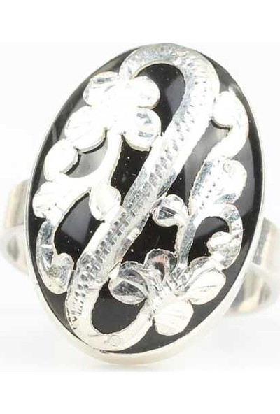 Nusret Takı 925 Ayar Gümüş El işi Oval Çiçek Motifli Oltu Taşı Yüzük