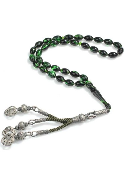 Nusret Takı 1000 Ayar Gümüş Püskül ve Yeşil Renk Sıkma Kehribar Taşlı Tesbih