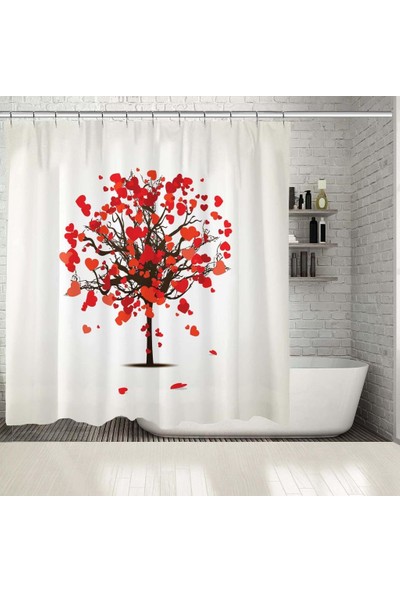 Henge Kırmızı Kalpli Ağaç Aşk Romantik Dekoratif Duş Perdesi