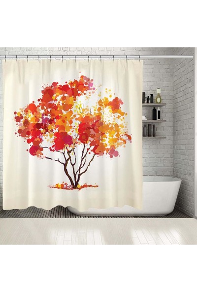Henge Kırmızı Sarı Ağaç Sulu Boya Etkili Sonbahar Duş Perdesi