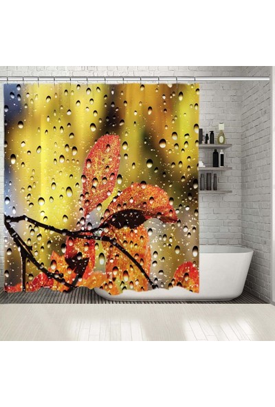 Henge Sonbahar Yağmuru Sarı Yaprak Manzaralı Duş Perdesi