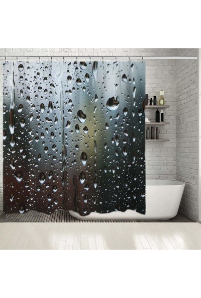 Henge Cama Vuran Yağmur Damlaları Manzaralı Duş Perdesi
