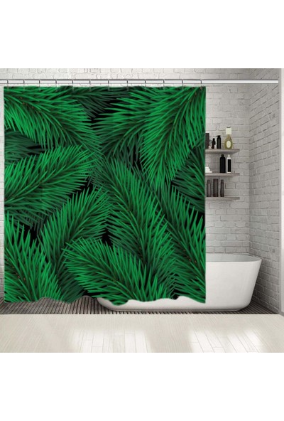 Henge Yeşil Tropikal Yapraklı Desenli Siyah Duş Perdesi