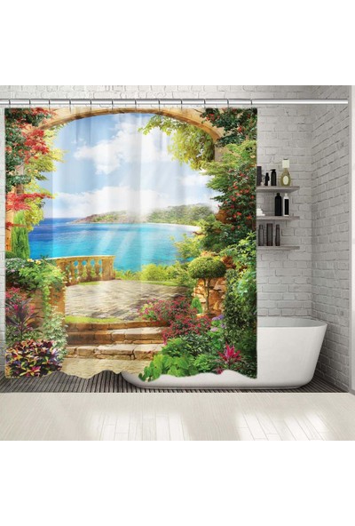 Henge Yeşil Bahçeden Mavi Okyanus Manzaralı Duş Perdesi