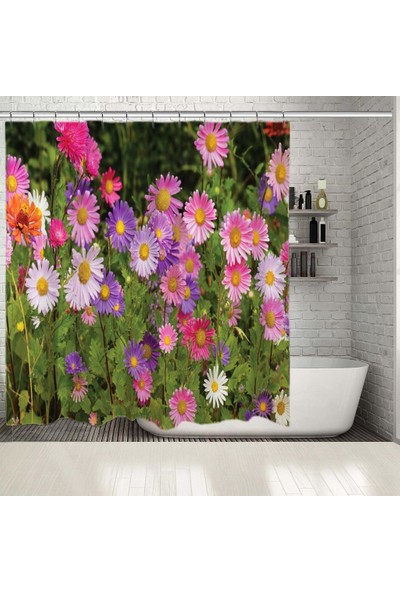 Henge Pembe Mor Yabani Orman Çiçekleri Desenli Duş Perdesi Henge Pembe Mor Yabani Orman Çiçekleri Desenli Duş Perdesi