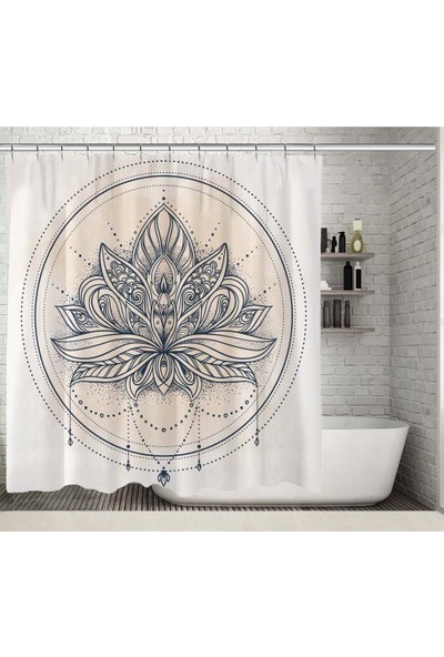 Henge Lotus Çiçekli Mandala Desen Lacivert Duş Perdesi Henge Lotus Çiçekli Mandala Desen Lacivert Duş Perdesi