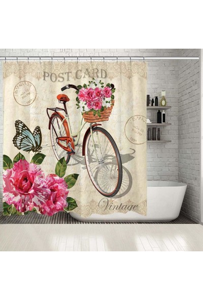 Henge Posta Kart Desen Çiçekli Bisiklet Eskitme Duş Perdesi Henge Posta Kart Desen Çiçekli Bisiklet Eskitme Duş Perdesi