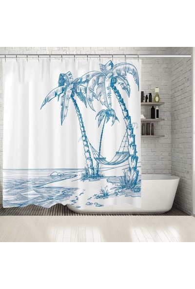 Henge Yaz Ada Palmiye Hamak Desenli Mavi Duş Perdesi