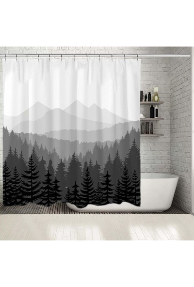 Henge Orman Çam Desenli Dağ Siyah Beyaz Gri Duş Perdesi Henge Orman Çam Desenli Dağ Siyah Beyaz Gri Duş Perdesi