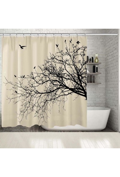 Henge Kuşlu Kavak Ağaç Desenli Siyah Krem Rengi Duş Perdesi