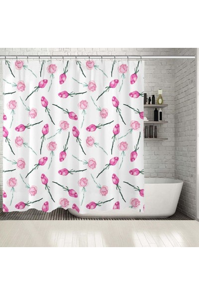 Henge Suluboya Etkili Pembe Gül Desenli Duş Perdesi Henge Suluboya Etkili Pembe Gül Desenli Duş Perdesi