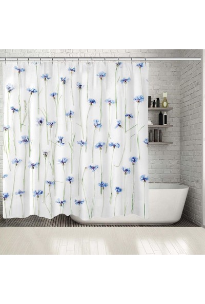 Henge Mavi Peygamber Çiçeği Desenli Duş Perdesi