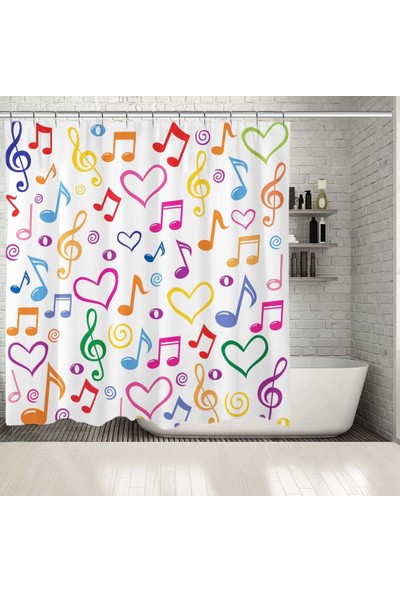 Henge Renkli Müzik Nota Kalp Desenli Kırmızı Mavi Duşperdesi Henge Renkli Müzik Nota Kalp Desenli Kırmızı Mavi Duşperdesi