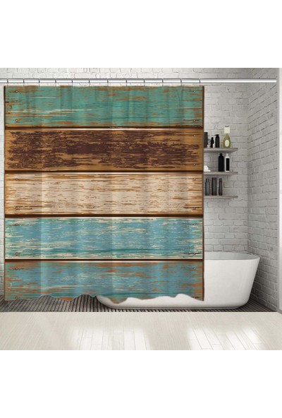 Henge Eski Ahşap Renkli Deseni Mavi Duşperdesi Henge Eski Ahşap Renkli Deseni Mavi Duşperdesi