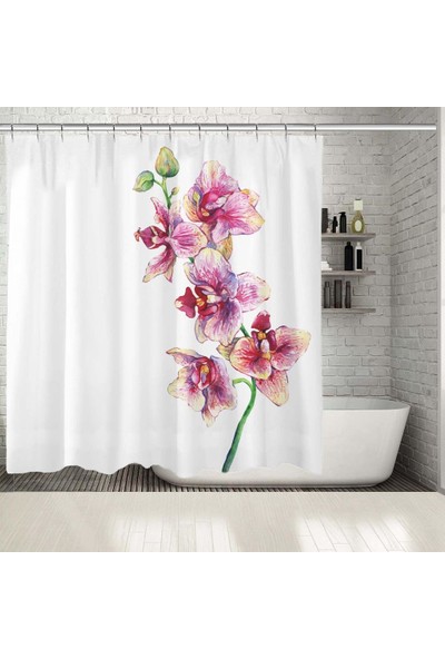 Henge Sulu Boya Etkili Pembe Orkide Desenli Duşperdesi Henge Sulu Boya Etkili Pembe Orkide Desenli Duşperdesi