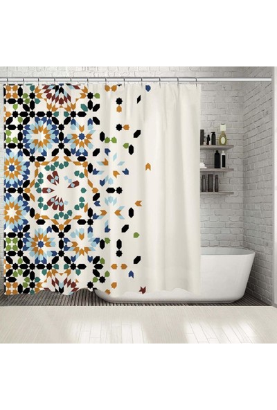 Henge Sarı Mavi Yeşil Çini Etnik Desenli Duşperdesi Henge Sarı Mavi Yeşil Çini Etnik Desenli Duşperdesi