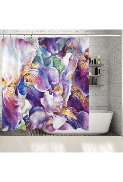 Henge Sulu Boya Etkili Menekşe Çiçek Desenli Mor Duşperdesi