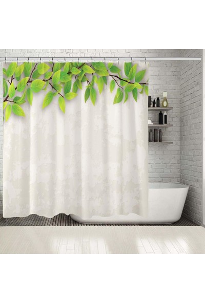 Henge Yeşil Yaprak Dal Desenli Duşperdesi Henge Yeşil Yaprak Dal Desenli Duşperdesi