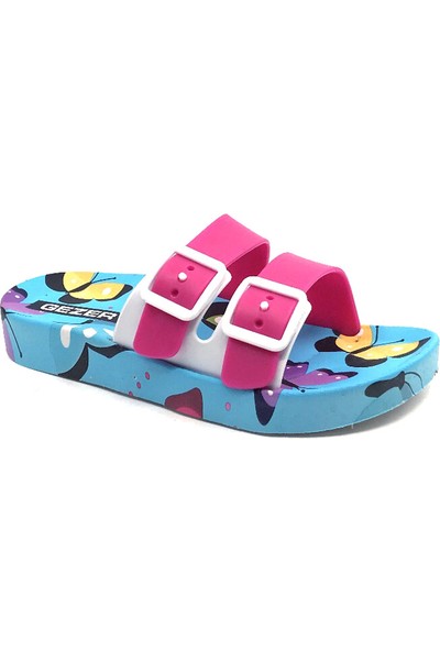 Gezer 11361 Mavi-Pembe Çiçekli Kız Çocuk Plaj Havuz Banyo Terlik