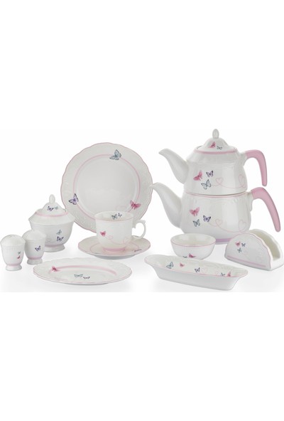 Schafer Moin Moin Kelebekli 34 Parça 6 Kişilik Porselen Kahvaltı Takımı
