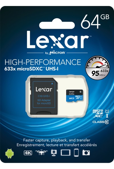Lexar 64GB microSDXC UHS-I 633X 95mb/sn (Class 10) U1+ SD Adaptor Hafıza Kartı LSDMI64GBBEU633A Lexar 64GB microSDXC UHS-I 633X 95mb/sn (Class 10) U1+ SD Adaptor Hafıza Kartı LSDMI64GBBEU633A