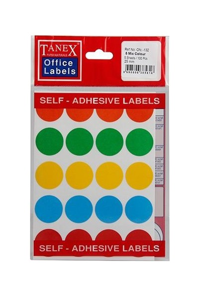 Tanex OFC-132 Etiketi 25mm Yuvarlak Çok Renkli, 100’lı Paket