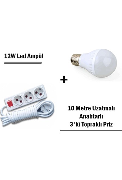 Toptancı Kapında 12W Led Ampul + 10 Metre Uzatmalı Anahtarlı 3lü Priz Set