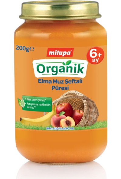 Milupa Organik Elma Muz Şeftali Püresi Kavanoz 200 g 6+ Ay