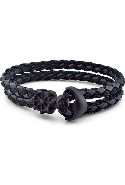 Solfera Siyah Metal Çapa Dümen Deri Erkek Bileklik Bx262