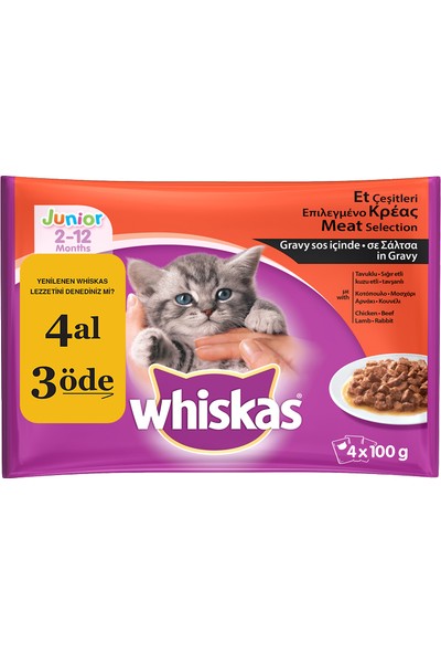 Whiskas Et Çeşit 4'lü Yavru Kedi 4 x 100 g 12 Paket Whiskas Et Çeşit 4'lü Yavru Kedi 4 x 100 g 12 Paket