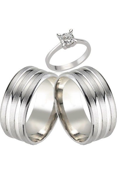 Takı Dükkanı 8 mm Gümüş Alyans Çifti Söz Nişan Yüzükleri + Tektaş wr44