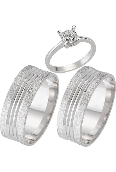 Takı Dükkanı Çizgili Mat Gümüş Çift Alyans Söz Nişan Yüzükleri + Tektaş wr45 Takı Dükkanı Çizgili Mat Gümüş Çift Alyans Söz Nişan Yüzükleri + Tektaş wr45