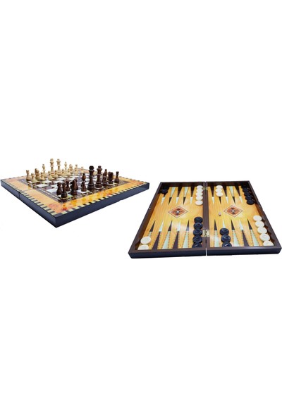 Star 2 Si Bir Arada Tavla ve Satranç Takımı Ahşap Figürlü ( Büyük Boy )
