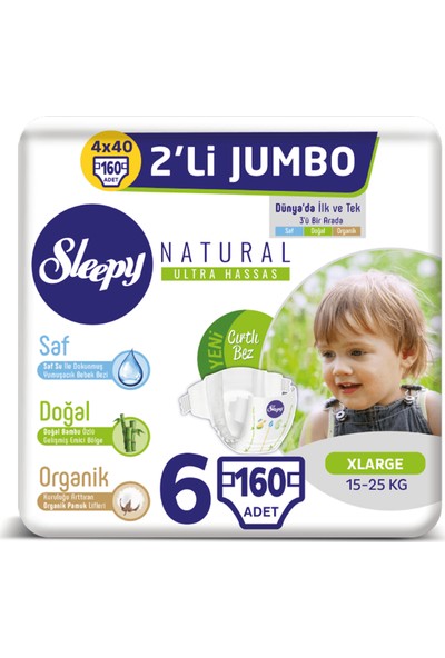 Sleepy Natural Bebek Bezi Ikili Jumbo 6 Beden 40X4 (160 Adet) Sleepy Natural Bebek Bezi Ikili Jumbo 6 Beden 40X4 (160 Adet)