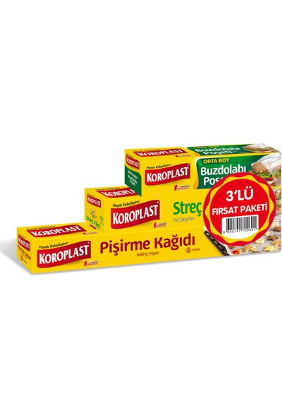 Koroplast Pişirme Kağıdı 8 mt + Streç Film 15 mt + Buzdolabı Poşeti Orta Boy 20'li
