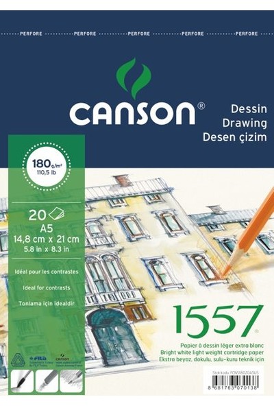 Canson 1557 Dessin Resim ve Çizim Blok 180 Gr. Spiralli A5 20 Sayfa Canson 1557 Dessin Resim ve Çizim Blok 180 Gr. Spiralli A5 20 Sayfa